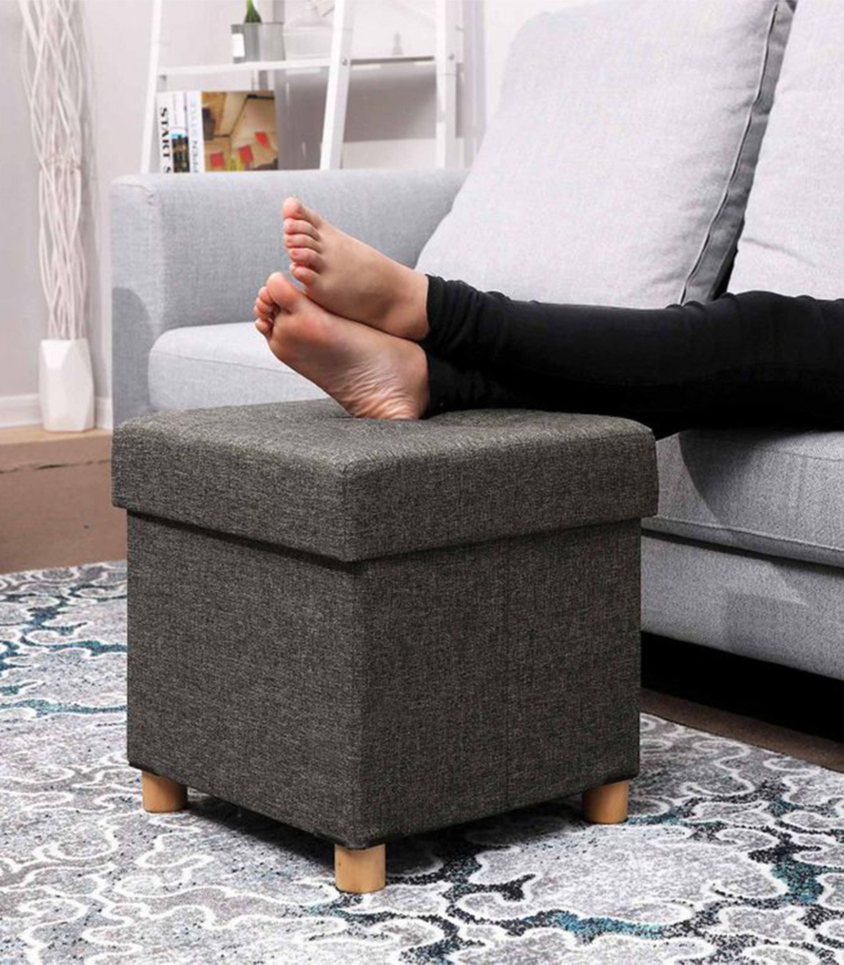 Taburet cu spatiu depozitare, Picioruse lemn, Pliabil, Gri inchis, 38 x ...