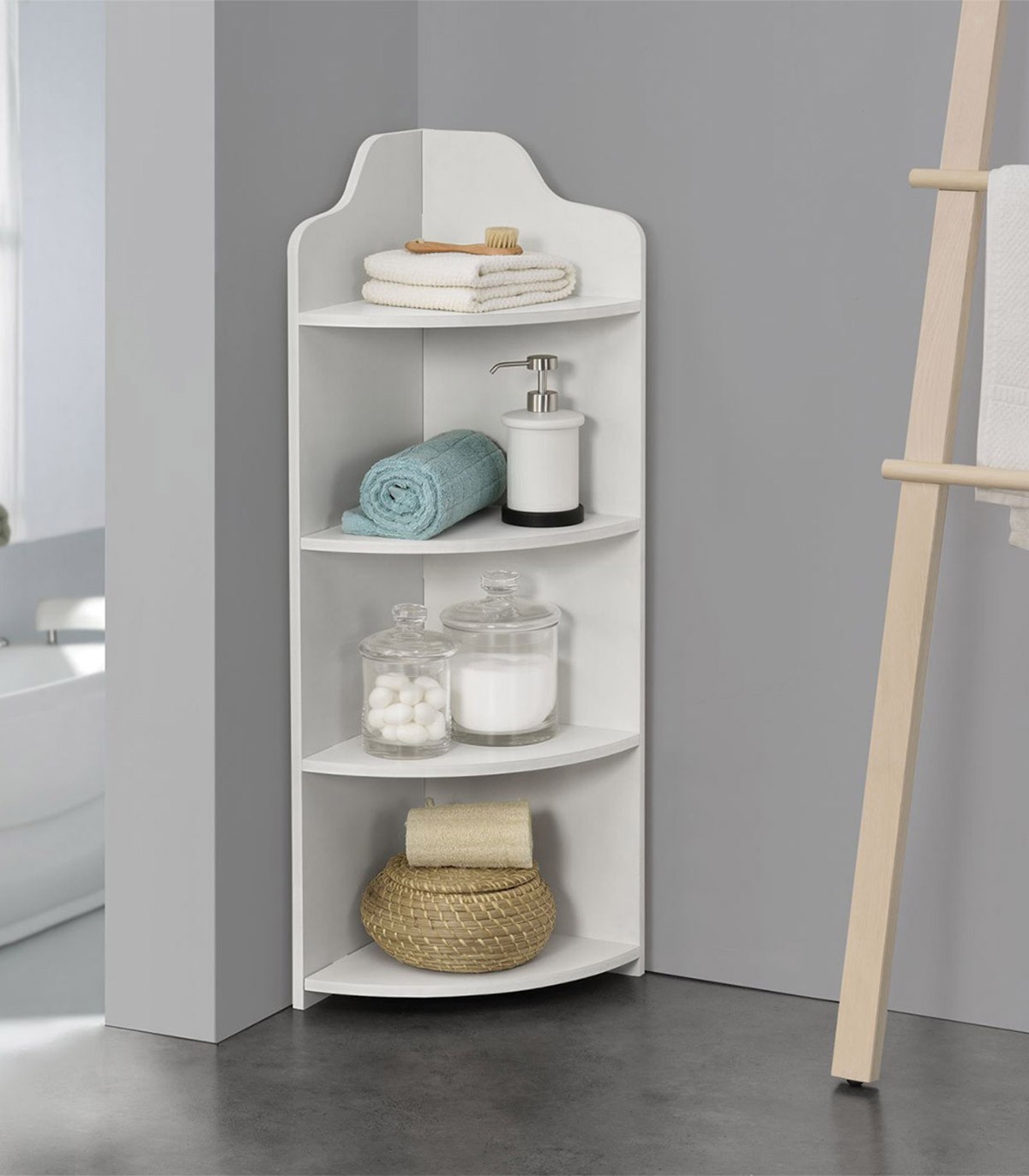 Raft de colt pentru baie, 4 niveluri, 90x28x28cm , PAL alb