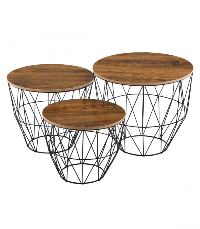 Set 3 masute living, design industrial, blat lemn, schelet metalic ...