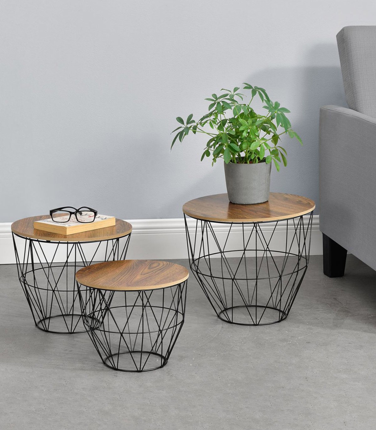 Set 3 masute living, design industrial, blat lemn, schelet metalic ...