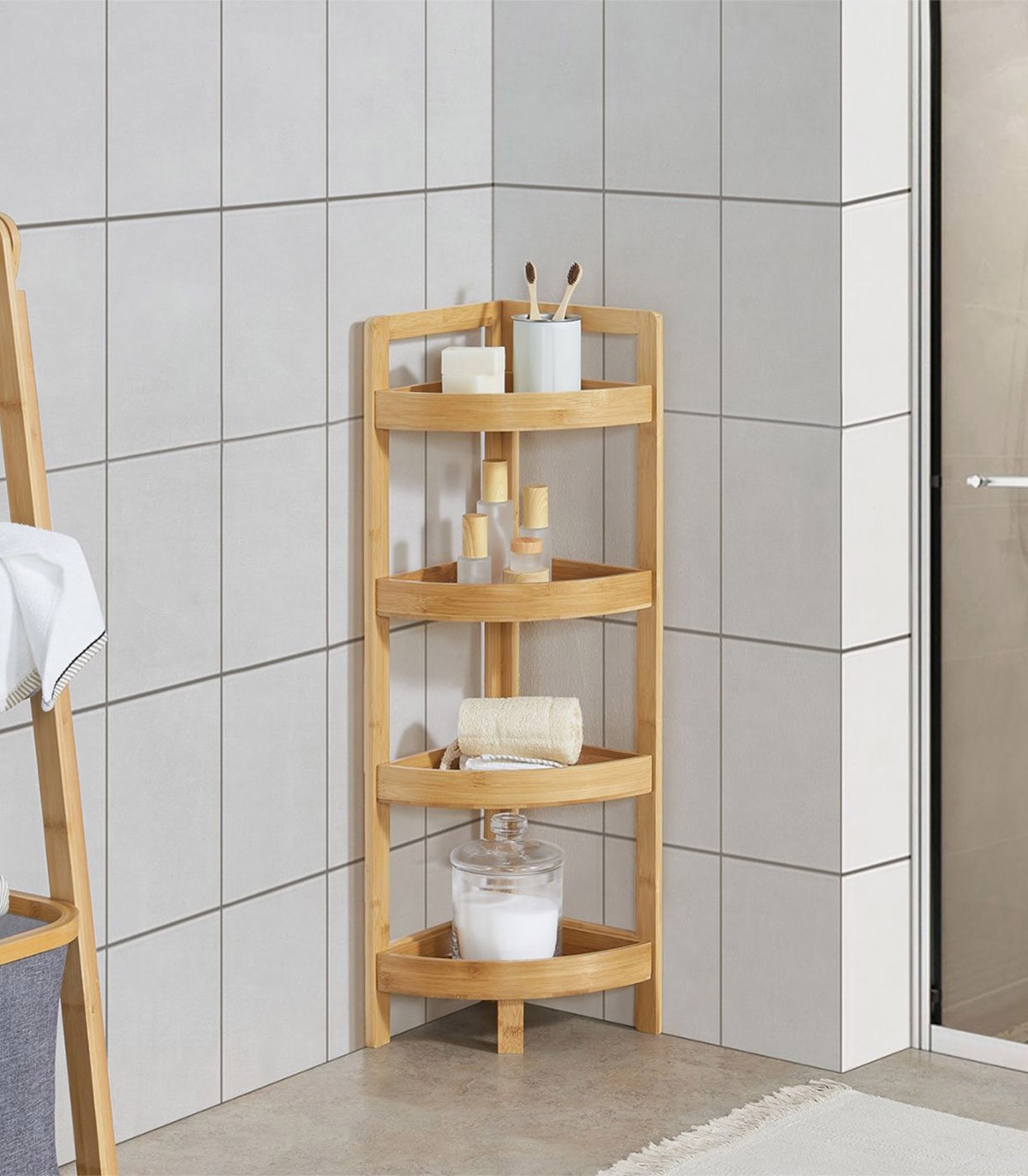 Raft de colt pentru baie, 4 niveluri, 80x23x23cm, bambus, natur